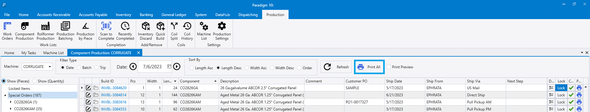 Production: One Label Per Build – Paradigm ERP by Paragon – Documentation