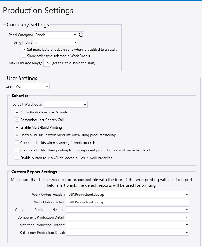 Production Settings – Paradigm ERP by Paragon – Documentation